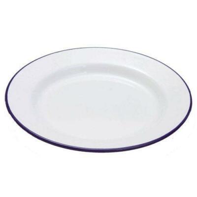 White Enamel Dinner Pie Plate Blue Rim Serving Roasting Baking Camping ...