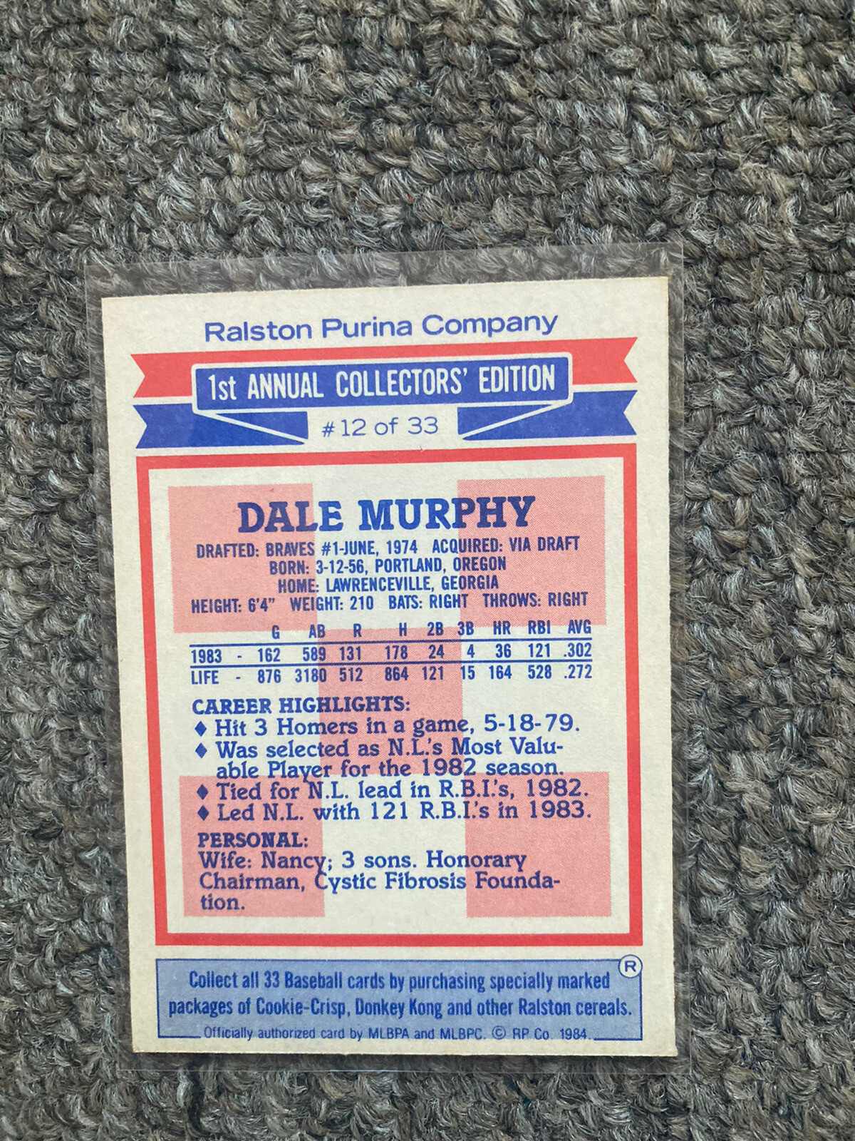 1984 Topps 'Ralston Purina Company' Baseball Card -Dale Murphy, card ...