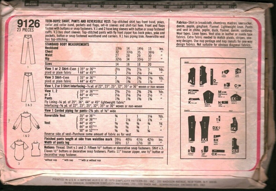 9126 Vintage Simplicity Sewing Pattern Boys Shirt Pants Reversible Vest ...