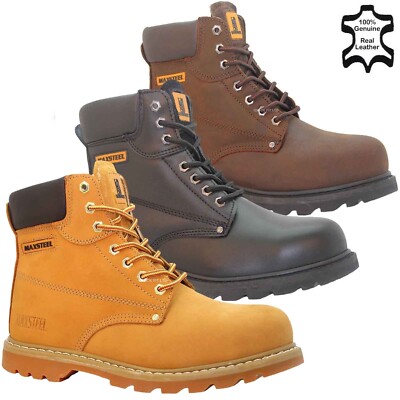 MENS LEATHER GOODYEAR WELTED SAFETY WORK BOOTS SHOES LACE STEEL TOE CAP ...