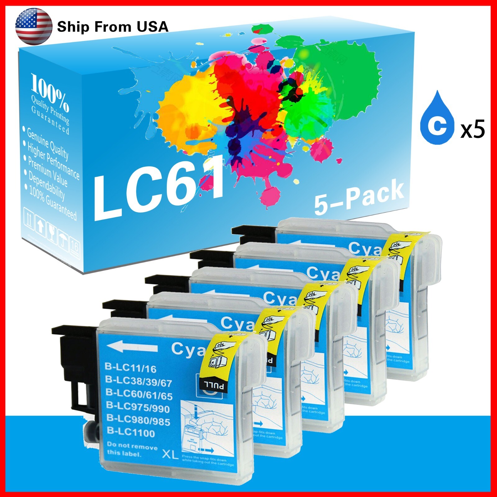 (5-Pack,Cyan) LC-61 LC61 Ink Cartridge LC61C for MFC-J415W J615W J630W ...