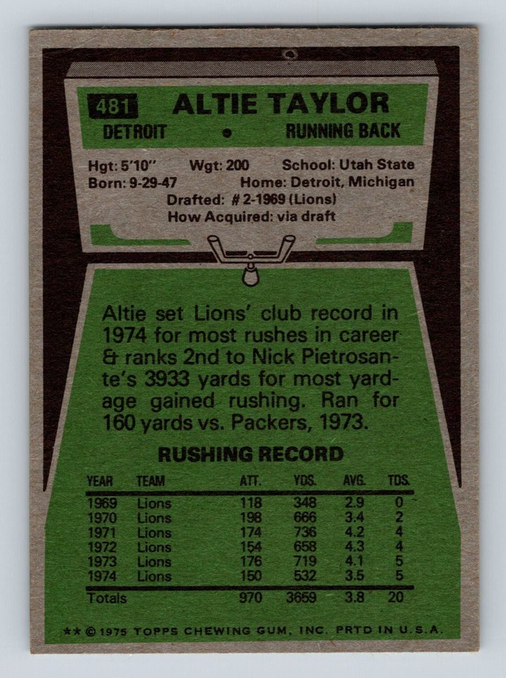 1975 Topps #481 Altie Taylor Detroit Lions | eBay