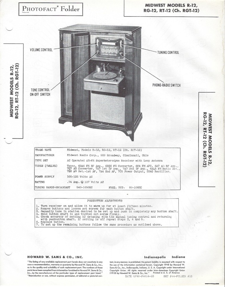 1948 Midwest RG RT-12 Console Phonograph Radio Photofact Manual Spec ...