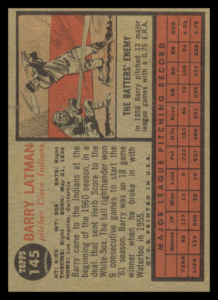 1962 Topps #145a Barry Latman Cleveland Indians | eBay