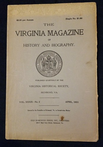 1931 Virginia Magazine of History & Biography Booklet, by VA Historical ...