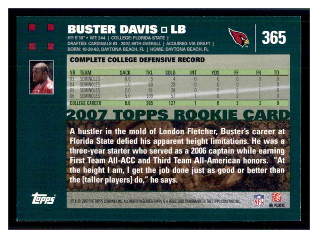 2007 Topps - #365 Buster Davis (RC) for sale online | eBay