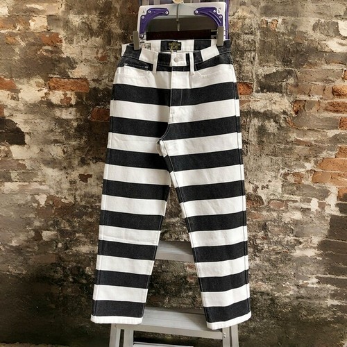 Mens Retro Biker Motorcycle Pants Canvas Prisoner Striped Trousers ...