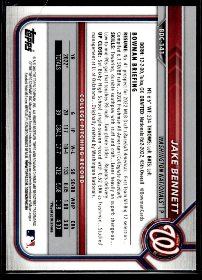 Jake Bennett 2022 Bowman Draft Chrome B&W RayWave Refractor Card #BDC ...