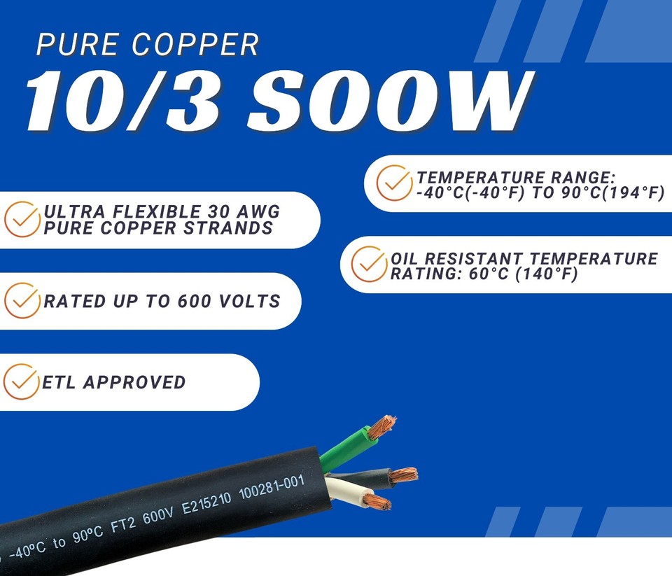 25 Ft. 10/3 10 AWG Gauge 3 Conductor SOOW Cable Wire 600V Portable ...