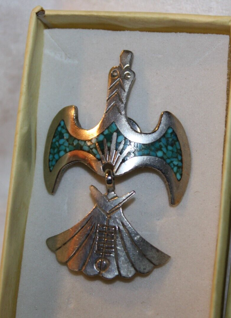 NAVAJO TOMMY SINGER SIGNED Tc TURQUOISE STERLING SILVER PEYOTE BIRD ...