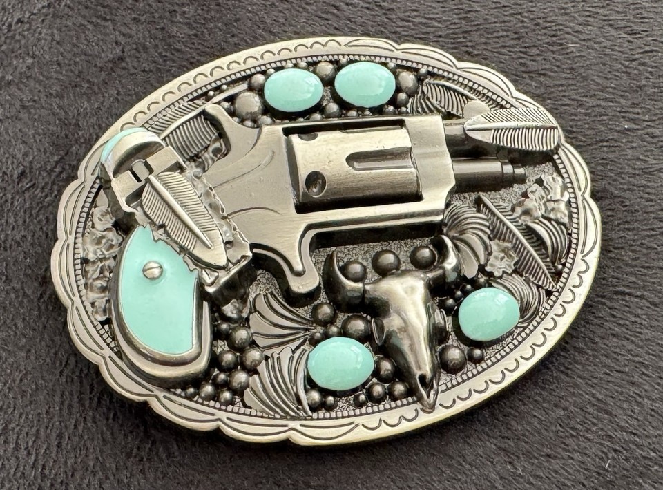 Vintage NOS Revolver Feathers Steer Skull Faux Turquoise Western Belt ...