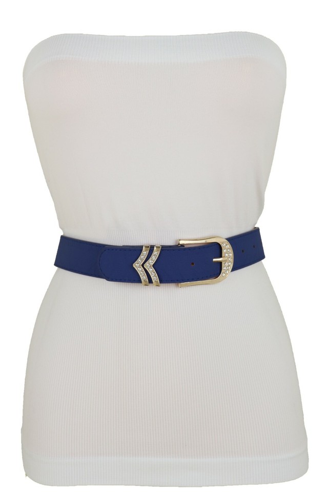 Women Classy Fashion Belt Blue Faux Leather Gold Bling Metal Buckle Fit ...