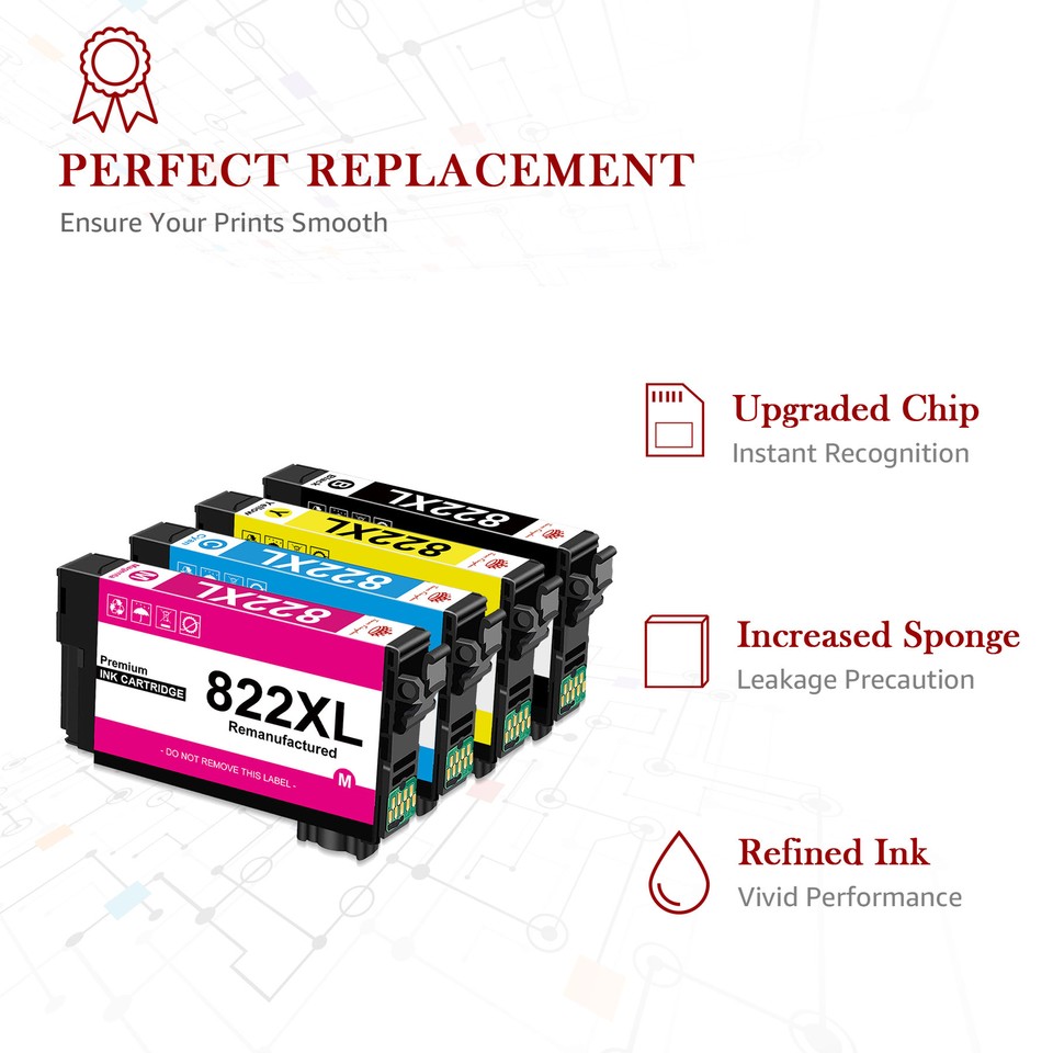 4PK 822XL T822XL Ink Cartridge For Epson WorkForce Pro WF-3820 WF-4820 ...