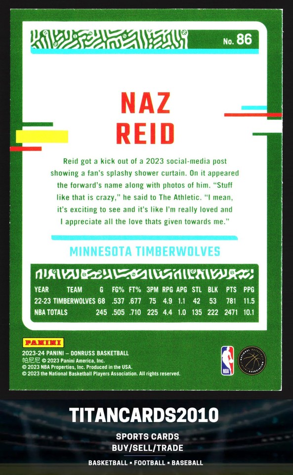 Naz Reid 2023-24 Panini Donruss Green Laser Holo Minnesota Timberwolves ...