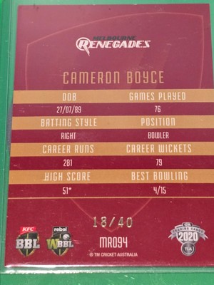 2020/21 Traders Cricket Cameron Boyce Ruby Mojo 18/40 MR 94 Renegades ...