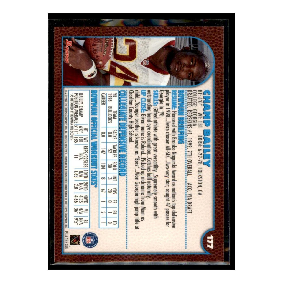1999 Bowman #177 Champ Bailey Rookie Washington Redskins Football Card ...
