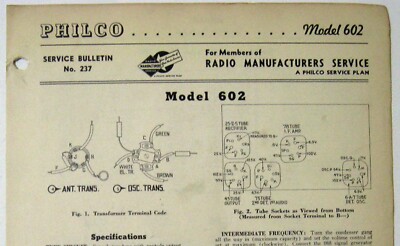 PHILCO ® Model 602 Radio Service Sheet - 2 Pages - © 1936 - New | eBay