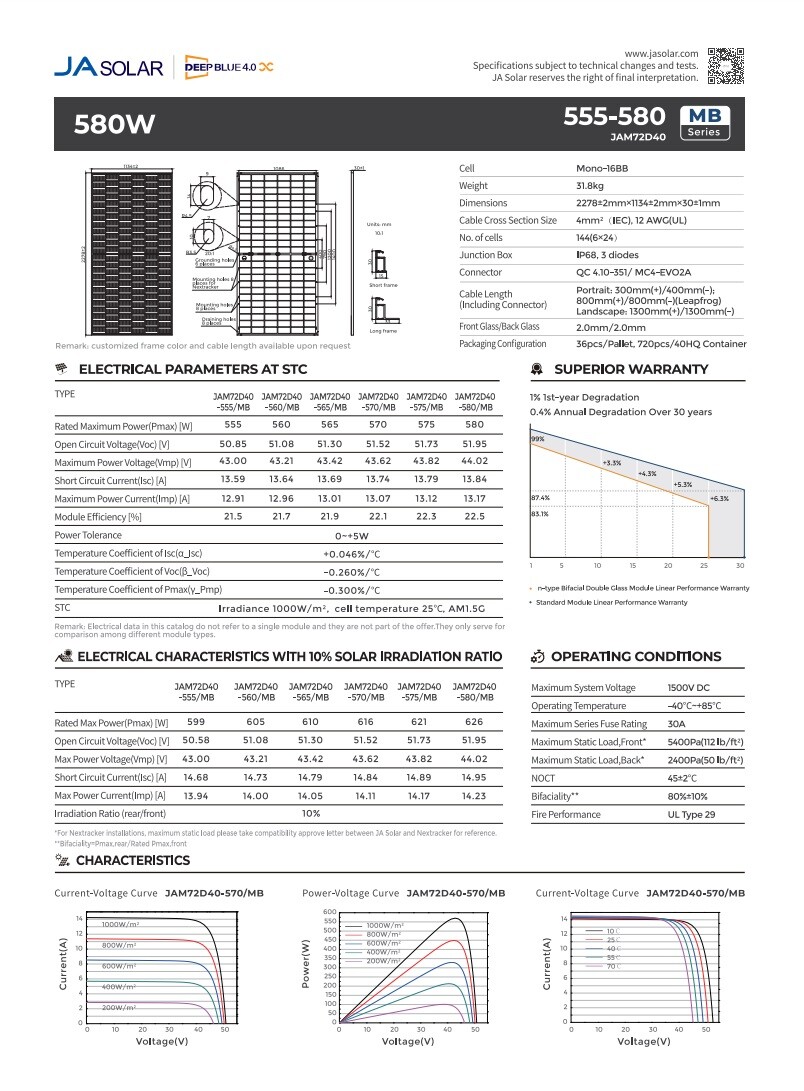565W BiFazial Solarmodul JA Solar JAM72D40-575MB- Photovoltaik ...
