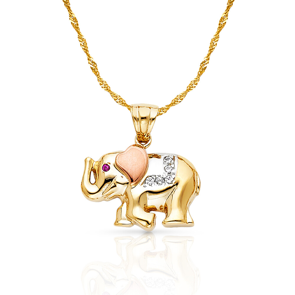 14K Tri Color Gold CZ Elephant Charm Pendant & 1.2mm Singapore Chain ...
