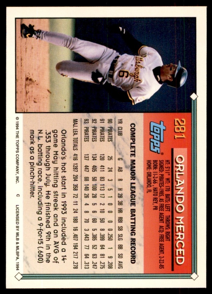 1994 Topps Gold Orlando Merced Baseball Cards #281 | eBay