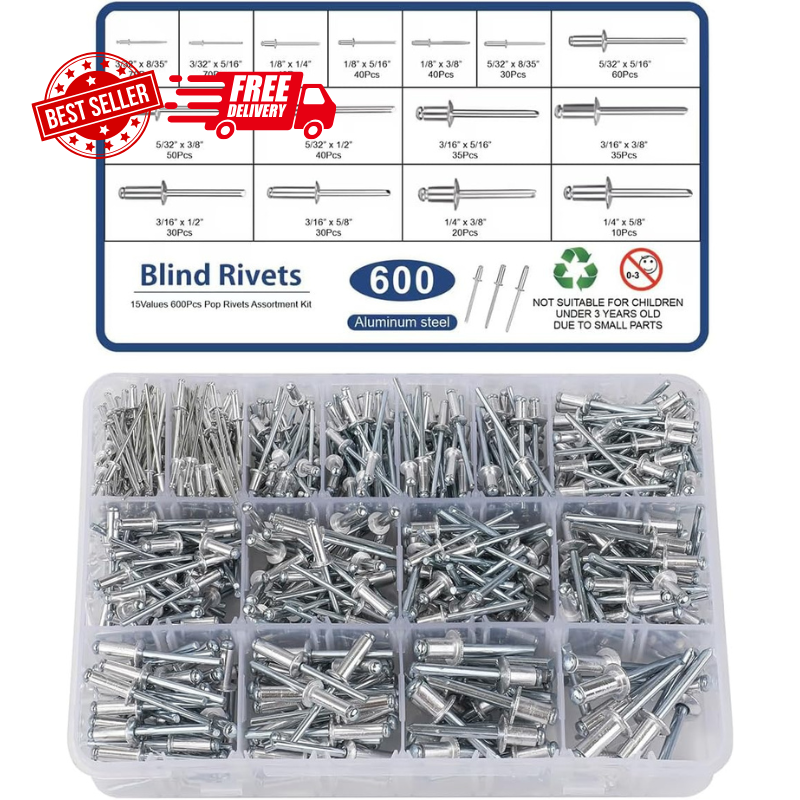 600pcs 15 Sizes Pop Rivets Assortment Kit,Aluminum Rivets, Silver pop ...