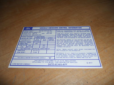 1976 FORD F-100 F150 F250 F350 390 FE EMISSIONS DECAL | eBay