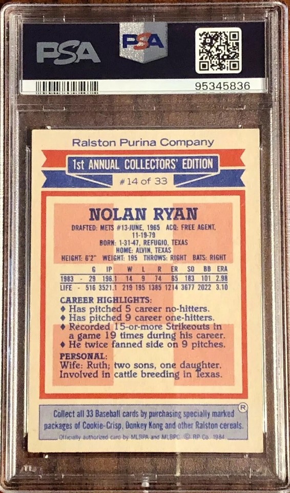 1984 RALSTON PURINA HAND CUT #14 NOLAN RYAN AUTHENTIC AUTOGRAPH PSA 10 ...