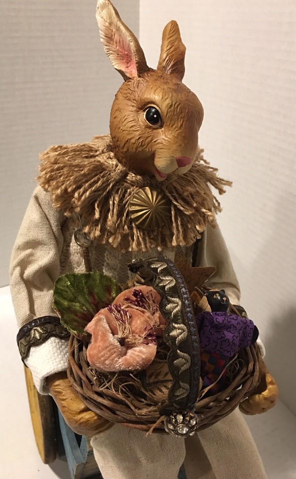 OOAK Primitive Easter Folk Art Rabbit Doll in Wooden Cart | eBay