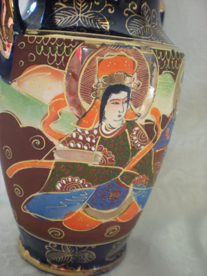 Japanese Satsuma Moriage Vase Hand Painted Cobalt Blue with Handles | eBay