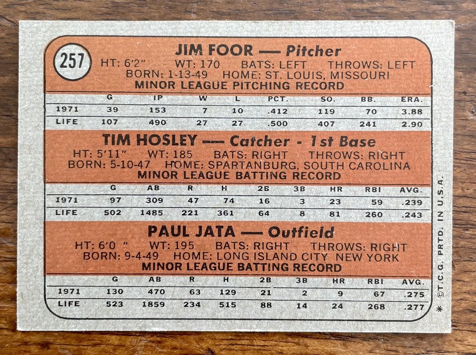 1972 Topps - 1972 Rookie Stars #257 Paul Jata, Tim Hosley, Jim Foor (RC ...