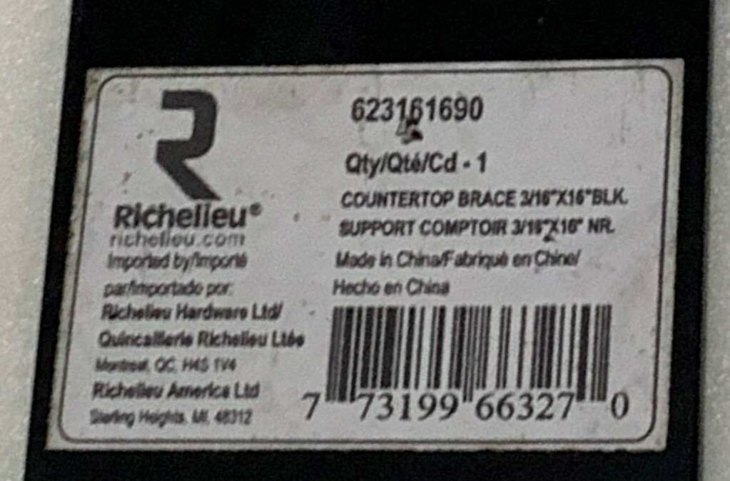 RICHELIEU CHINA 623161690 K-300 KOLOSSUS COUNTERTOP BRACKET 16" X 3/16 ...