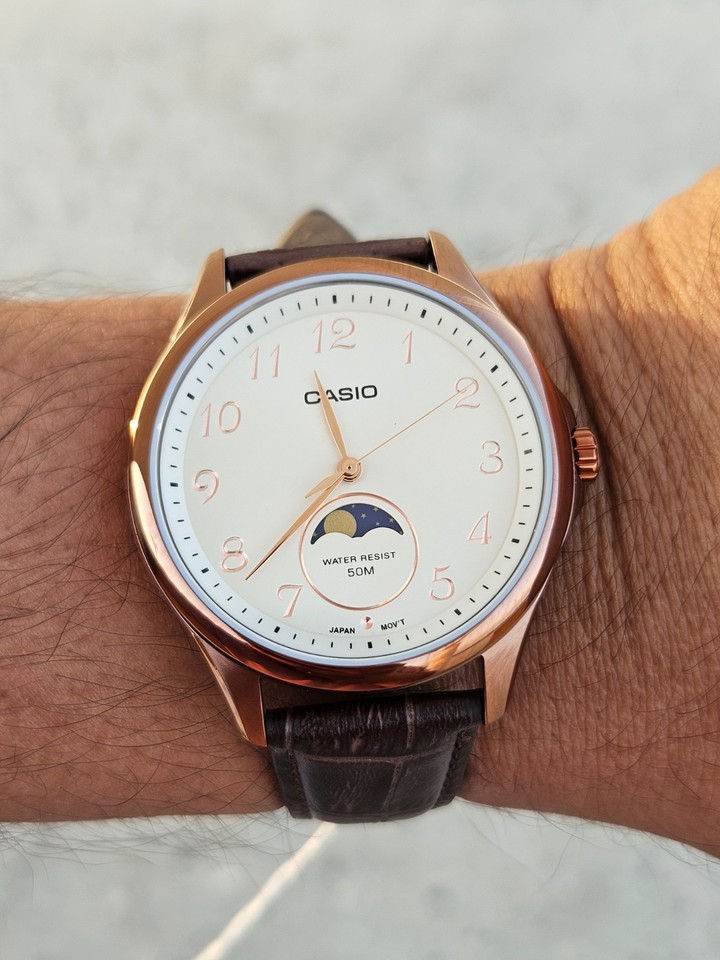 Casio MTP-M110RL-5AVDF Men’s Moon Phase Watch Rose Gold Brown Leather Strap New | eBay