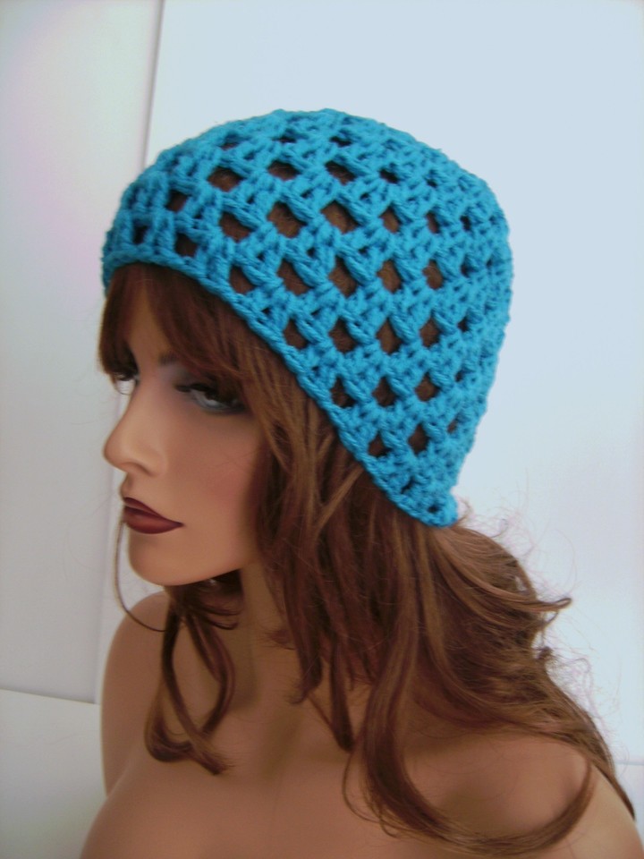 NEW TURQUOISE OPEN WEAVE BEANIE HAT HAND MADE CROCHET BERET SKULL CAP ...