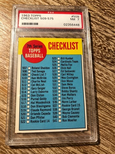 1963 Topps Baseball 7th Series Checklist #509 Graded PSA 7 NM To The ...