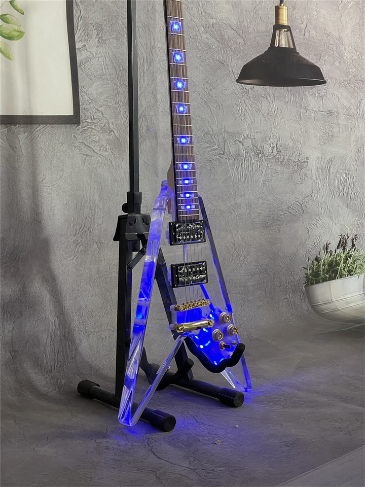 Blue LED Light Acrylic Crystal Electric Guitar Rosewood Fretboard Maple ...