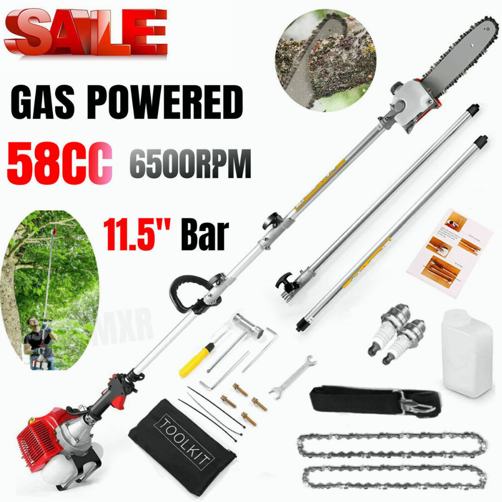 Gas Powered 58CC Pole Saw 2-Stroke Chainsaw Extension Hedge Pruner Tree ...