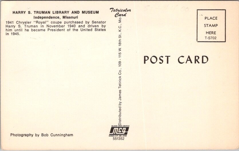 c1960s HARRY S. TRUMAN MUSEUM Postcard "1941 Chrysler Royal ...