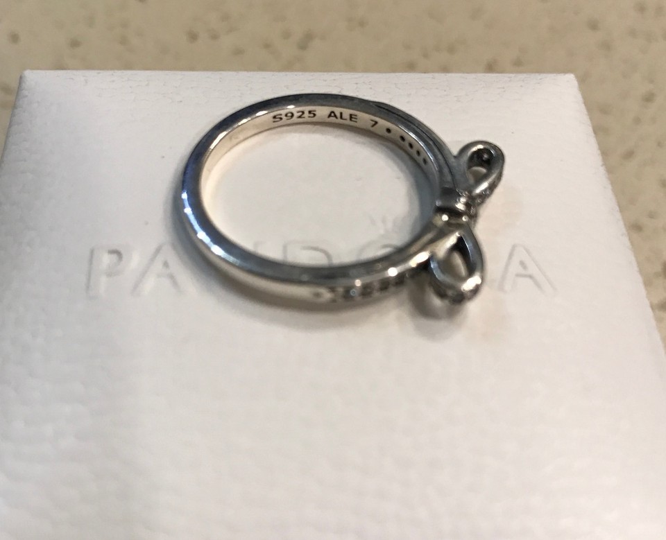 Pandora Sparkling Bow Ring #190906CZ +PANDORA HINGED BOX +POLISH CLOTH ...