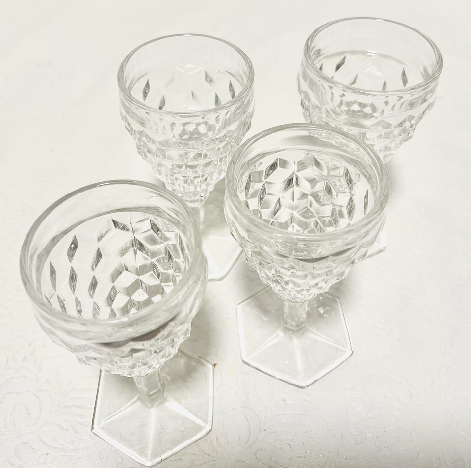 4 Vintage Clear Glass American Fostoria Hexagon Base Stem Wine Juice ...