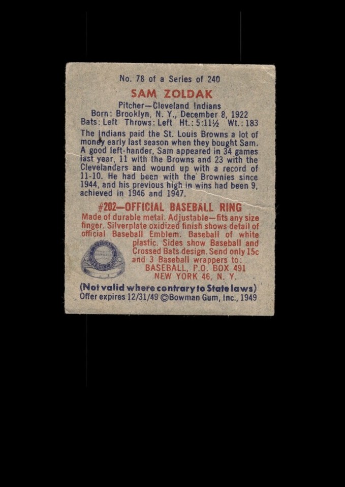 1949 Bowman Set-Break # 78 Sam Zoldak VG-VGEX *GMCARDS* | eBay