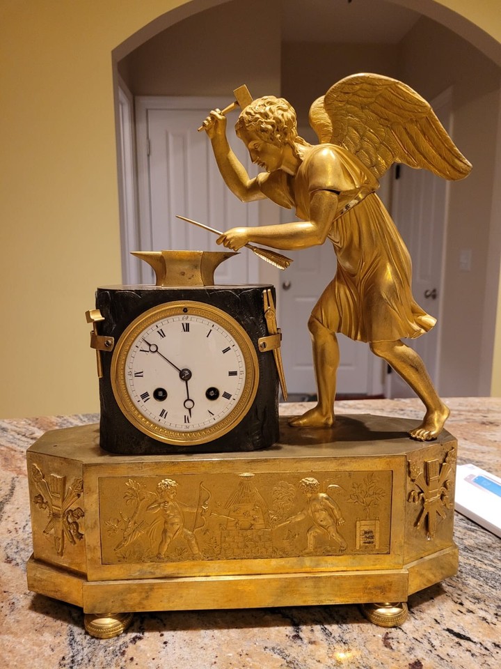 French Gilt Bronze Empire Clock Eros Anvil Arrow Ormolu Cupid Angel ...