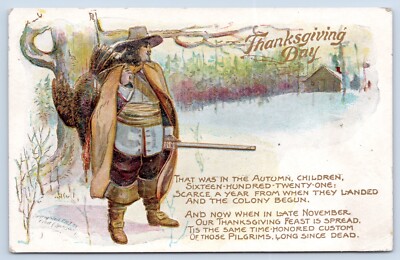 Thanksgiving Day Postcard- Pilgrim Man Turkey Hunting -Signed Fred ...