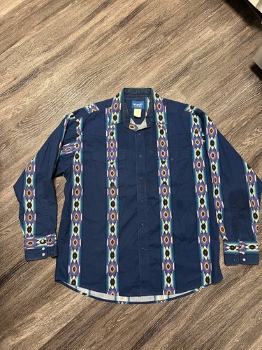 VTG Wrangler Men’s Brushpopper Western Shirt Blue Pearl Snap Aztec ...