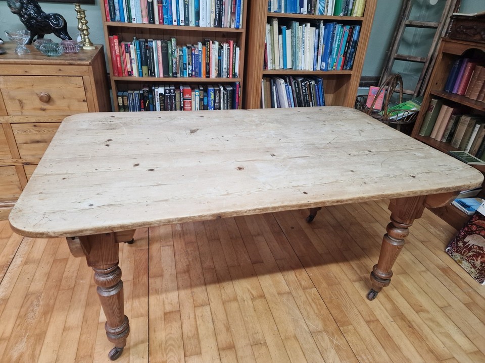 Antique Country Rustic Pine Kitchen Dining Farmhouse Table On Castors ...