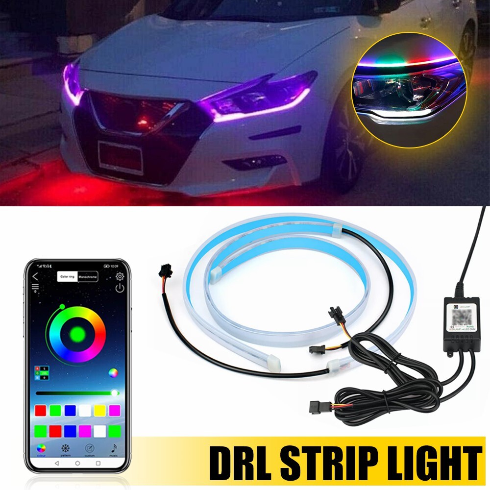 60CM RGB LED DRL Light Car Headlight Strip Light Turn Signal APP ...