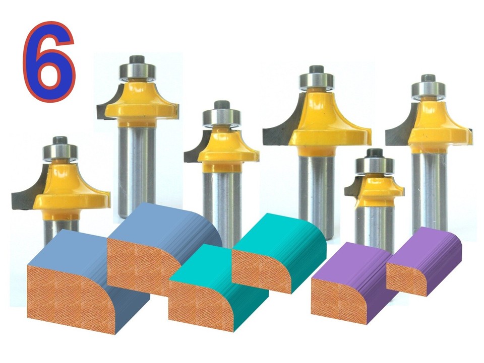 6pc 1/2 SH 1/2, 7/16, 3/8, 5/16, 1/4, 1/8 Radius Round Over Router Bit ...