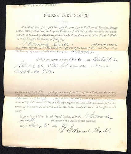 1877 Flushing Queens Unpaid Tax Real Estate Sale - 2pp Legal Document ...