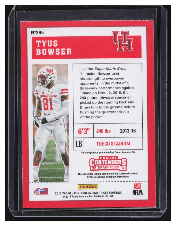 2017 Panini Contenders Draft Picks Tyus Bowser Autograph Rookie RC #296 ...
