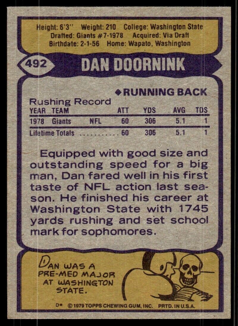 1979 TOPPS Football Vintage ROOKIE Card #492 🏈 DAN DOORNINK, New York ...