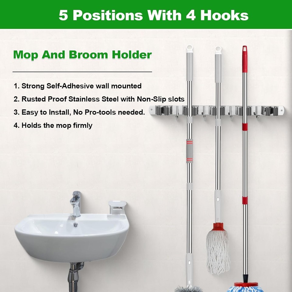 5 Racks and 4 Hooks Mop and Broom Holder Wall Mount, Self Adhesive ...